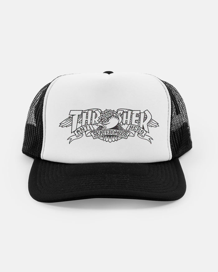 Thrasher X Antihero: MAG BANNER - TRUCKER - BLACK/BLACK/WHITE ...